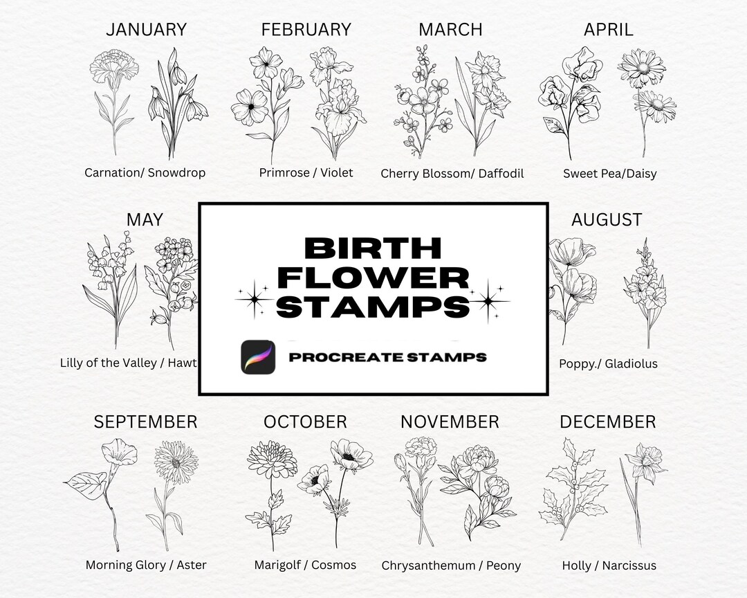 48 Birth Flower Tattoo Brush Stamps, Birth Floral, Flower Bouquet ...