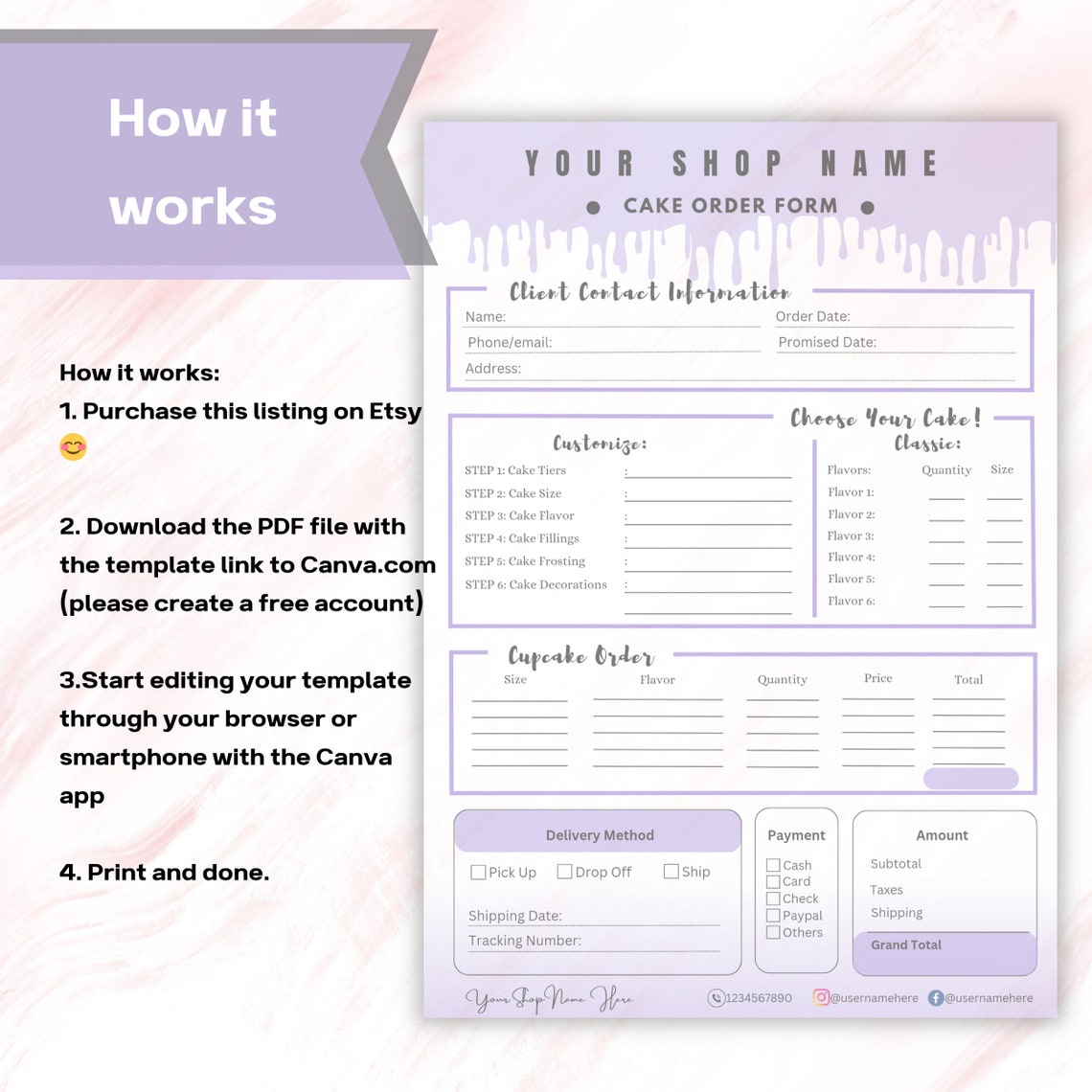 Cake Order Form Template Editable in Canva Template Minimalist Custom ...