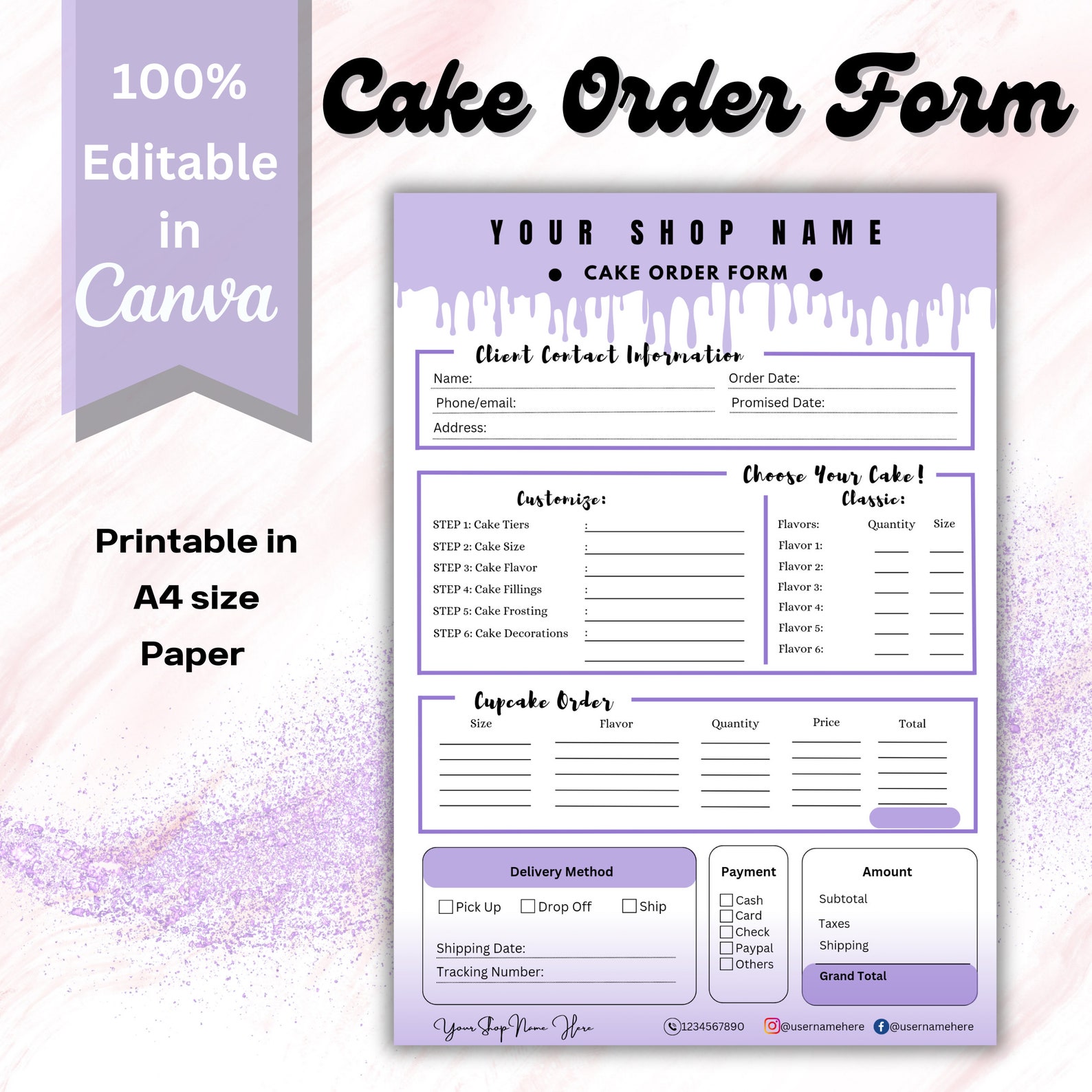 Cake Order Form Template Editable in Canva Template Minimalist Custom ...
