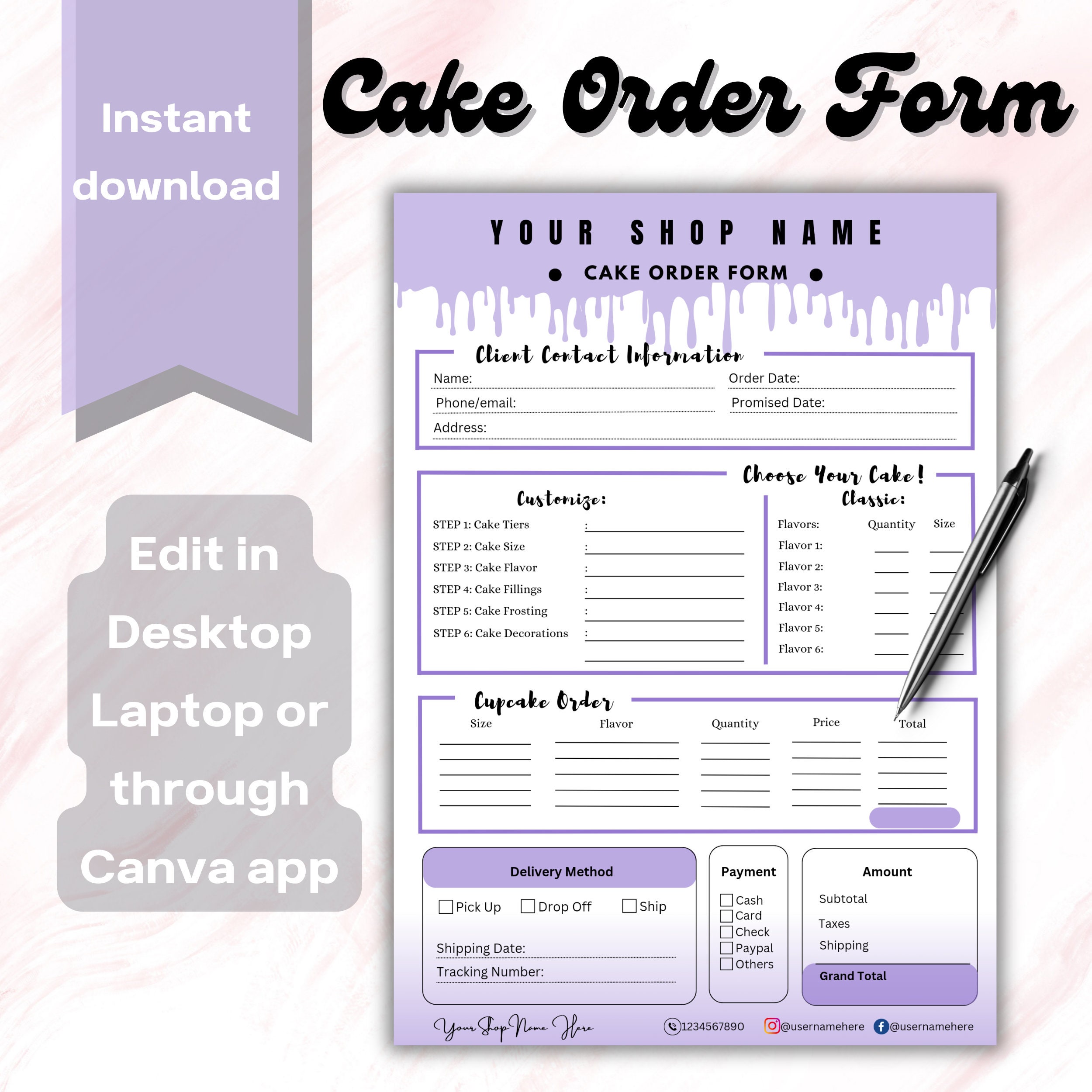 Cake Order Form Template Editable in Canva Template Minimalist Custom ...