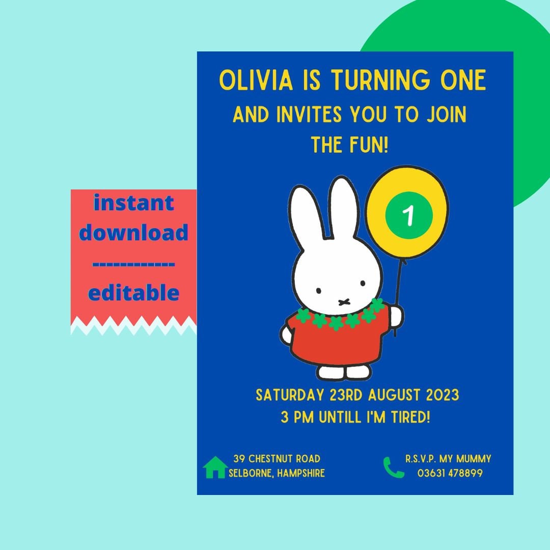 Miffy First Birthday Party Invitation Template - Instant Download ...