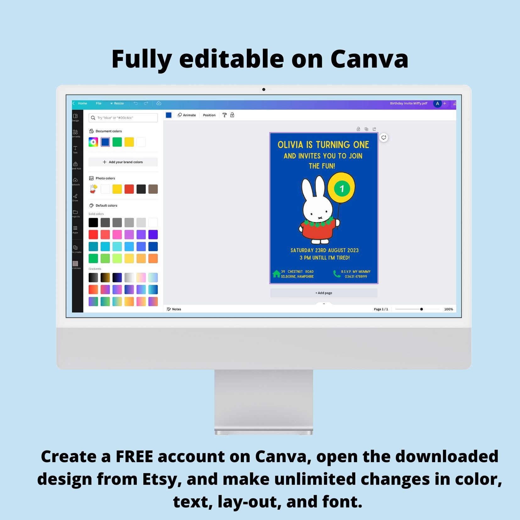 Miffy First Birthday Party Invitation Template - Instant Download ...