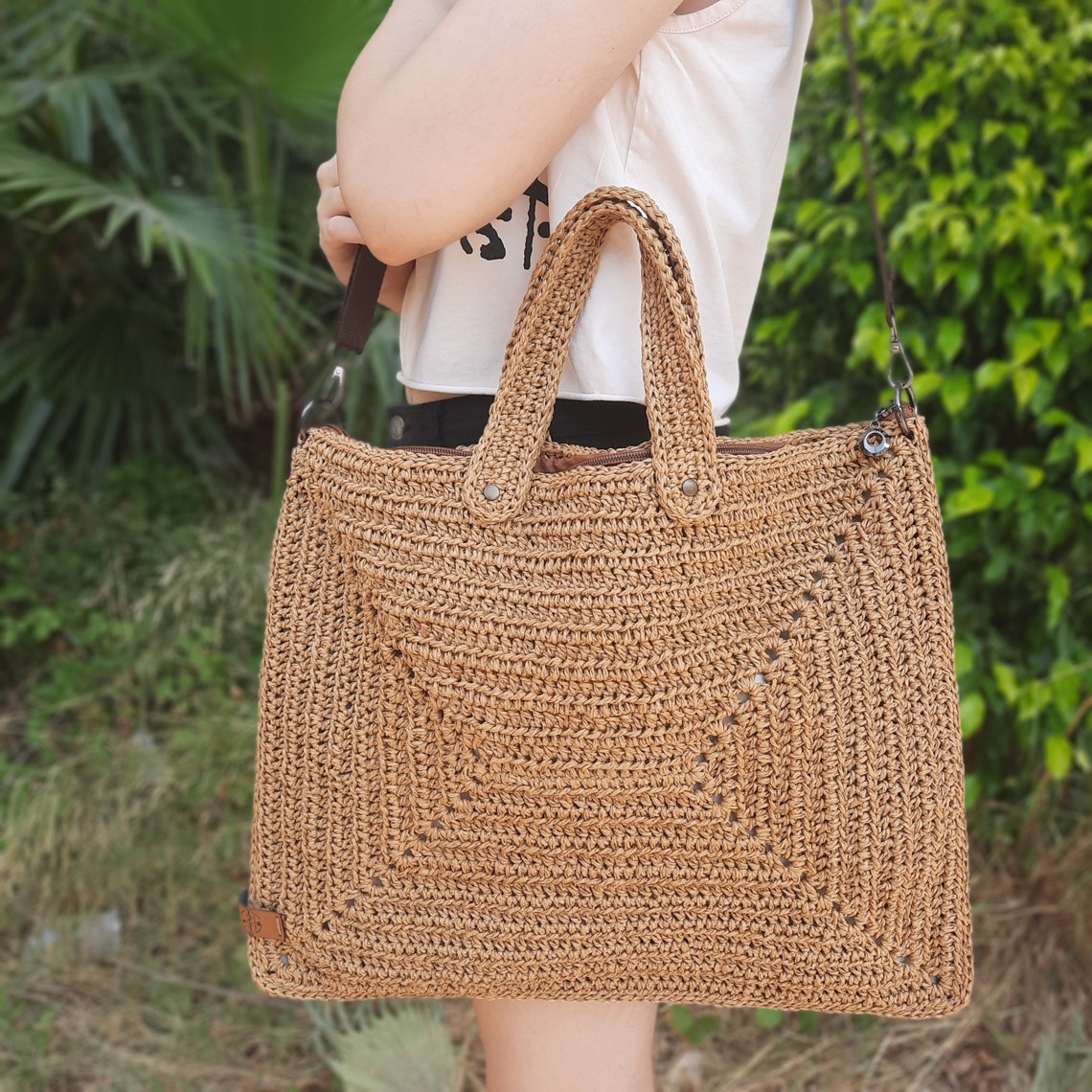 Straw Beige Laptop Bag, Crochet Paper Yarn Tote Bag, Handmade Bohemian ...