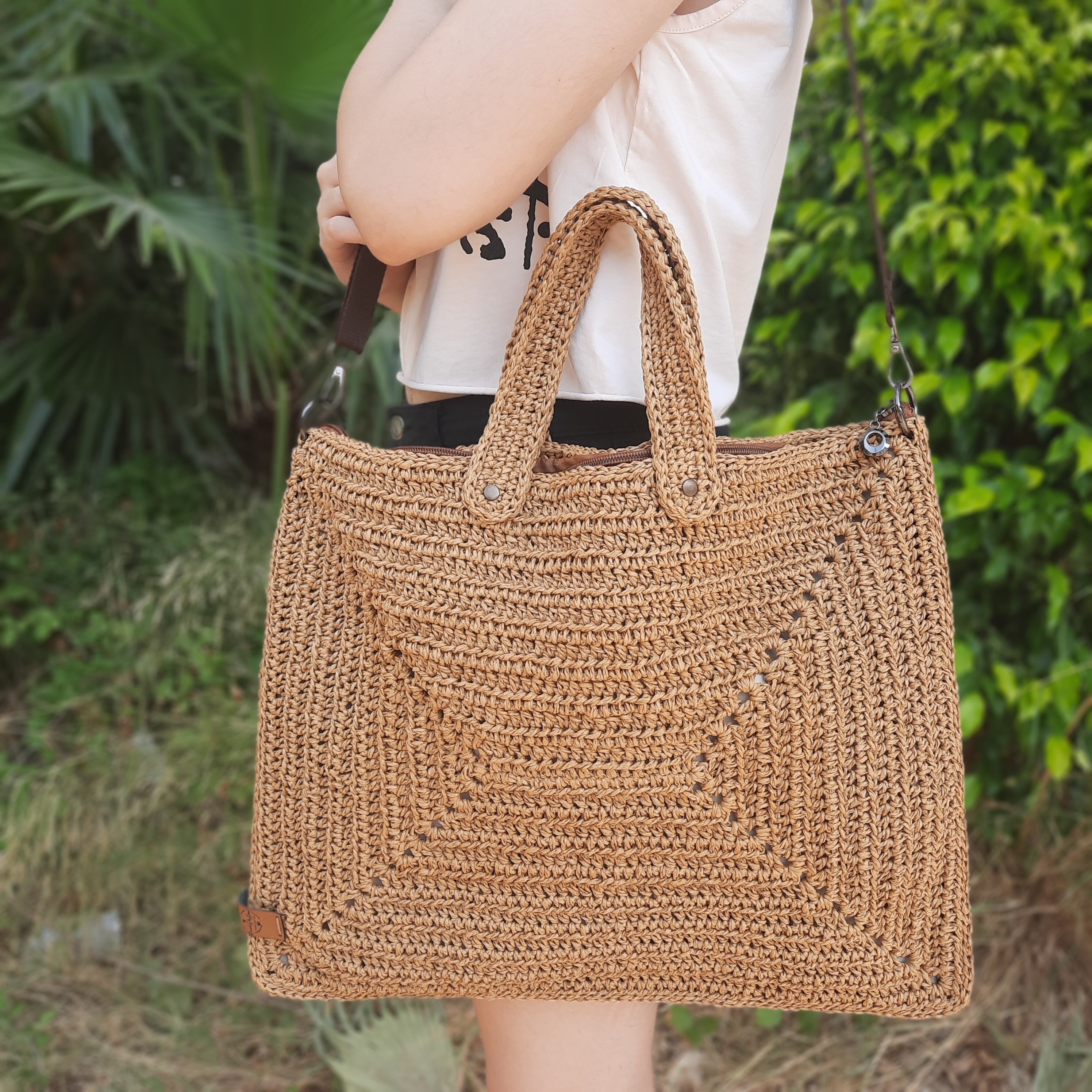 Straw Beige Laptop Bag, Crochet Paper Yarn Tote Bag, Handmade Bohemian ...