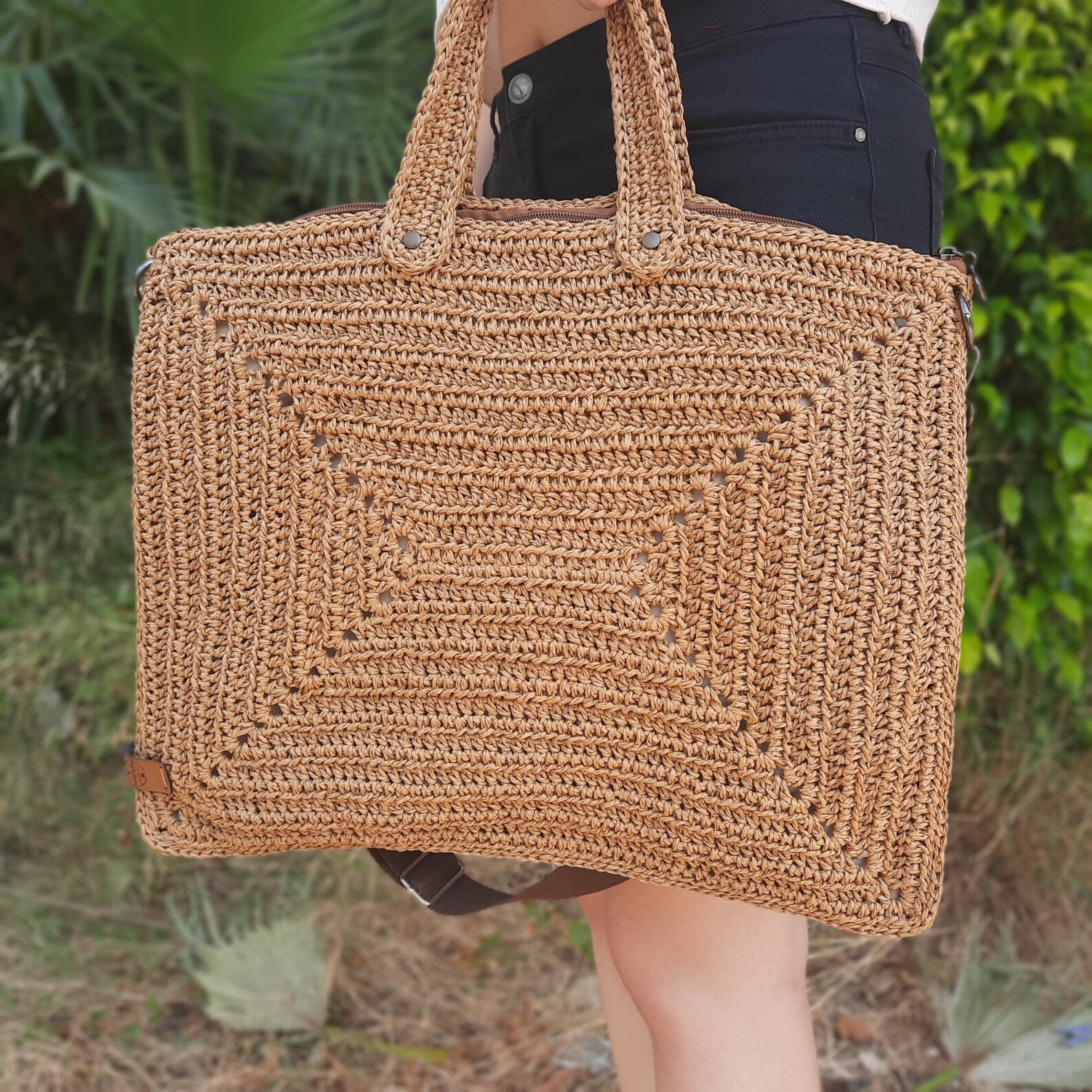 Straw Beige Laptop Bag, Crochet Paper Yarn Tote Bag, Handmade Bohemian ...