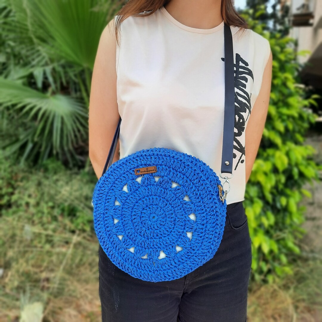 Blue Crossbody Macaron Bag, Round Crochet Paper Yarn Tote Bag, Handmade ...
