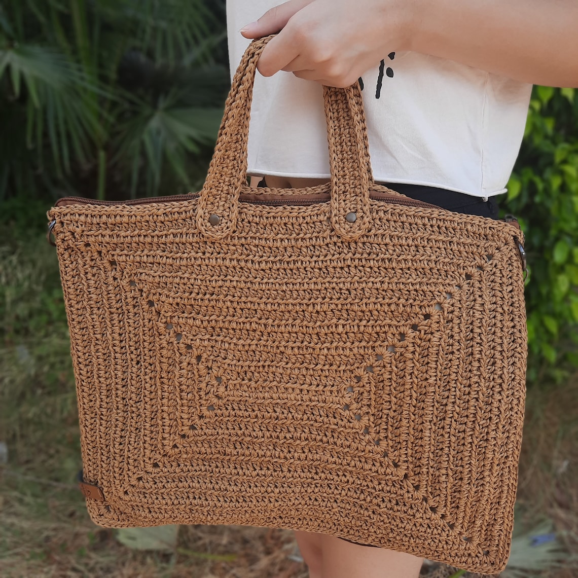Straw Beige Laptop Bag, Crochet Paper Yarn Tote Bag, Handmade Bohemian ...