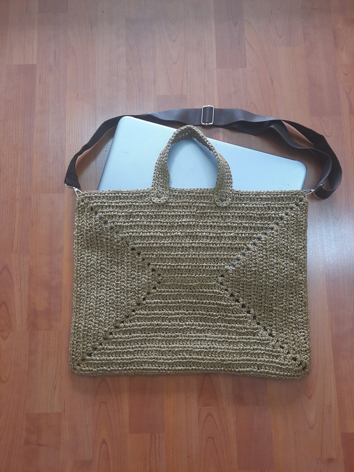Straw Beige Laptop Bag, Crochet Paper Yarn Tote Bag, Handmade Bohemian ...