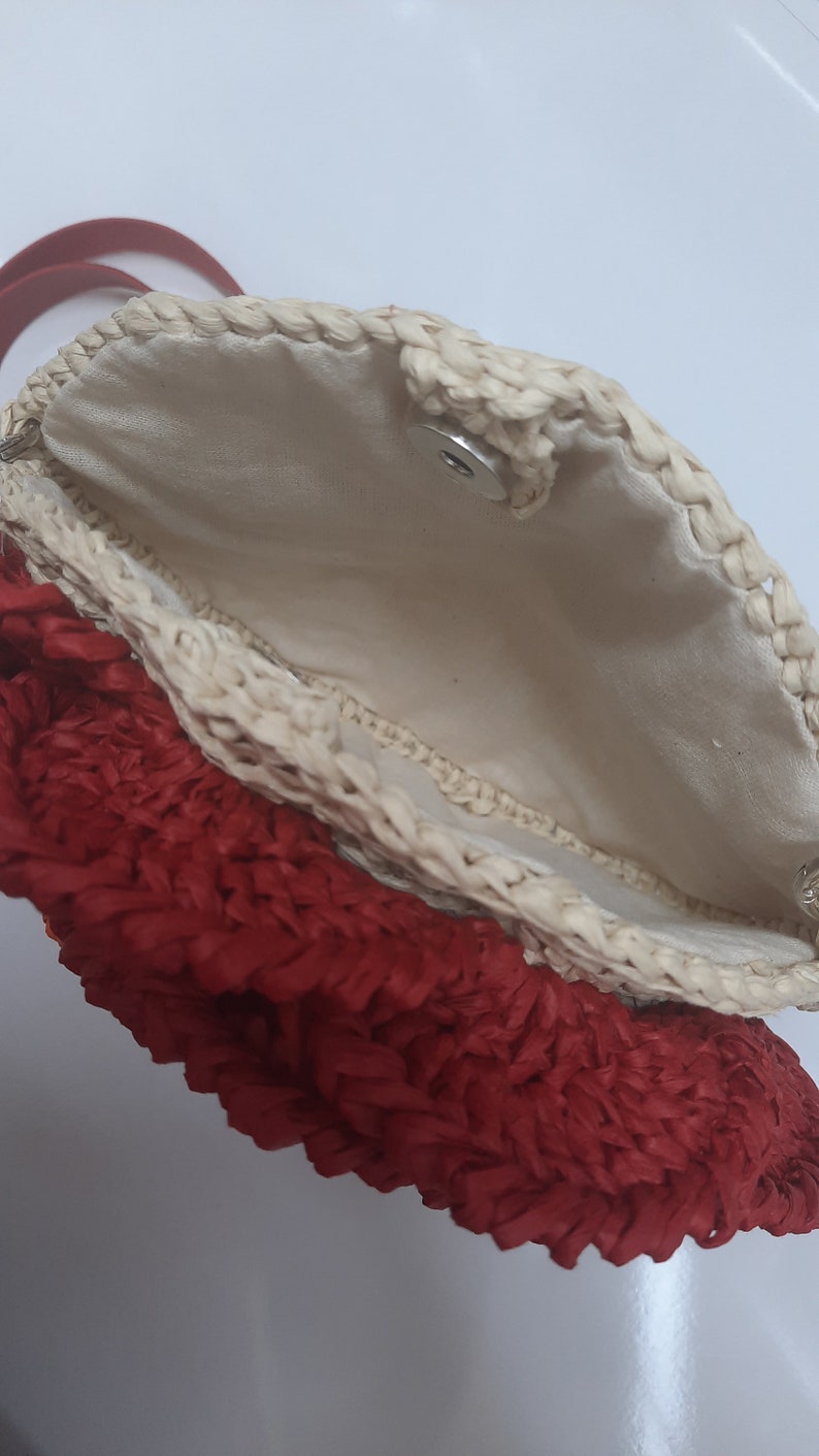 Red Rose Crossbody Macaron Bag, Round Crochet Raffia Tote Bag, Handmade ...