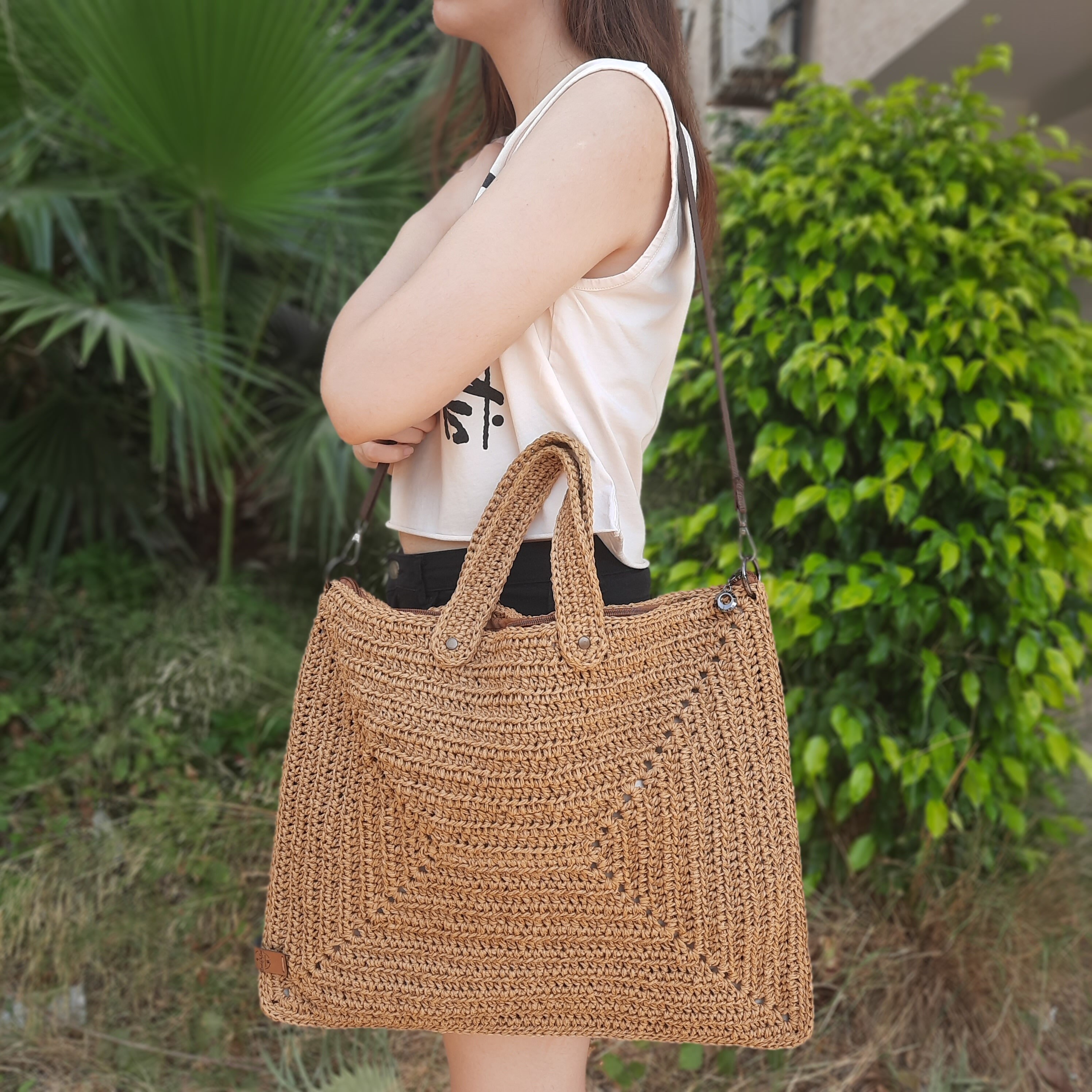 Straw Beige Laptop Bag, Crochet Paper Yarn Tote Bag, Handmade Bohemian ...