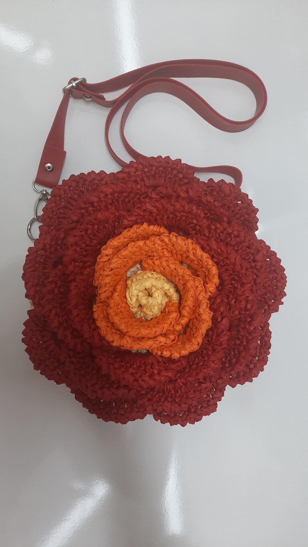 Red Rose Crossbody Macaron Bag, Round Crochet Raffia Tote Bag, Handmade ...