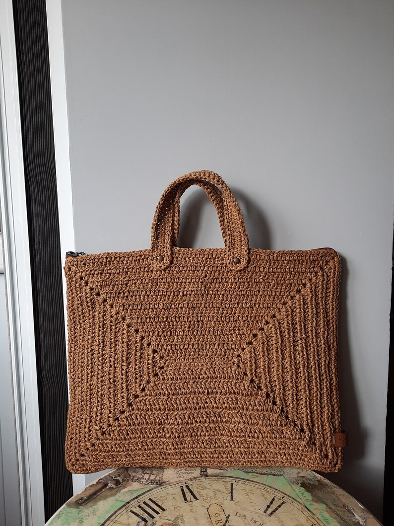 Straw Beige Laptop Bag, Crochet Paper Yarn Tote Bag, Handmade Bohemian ...