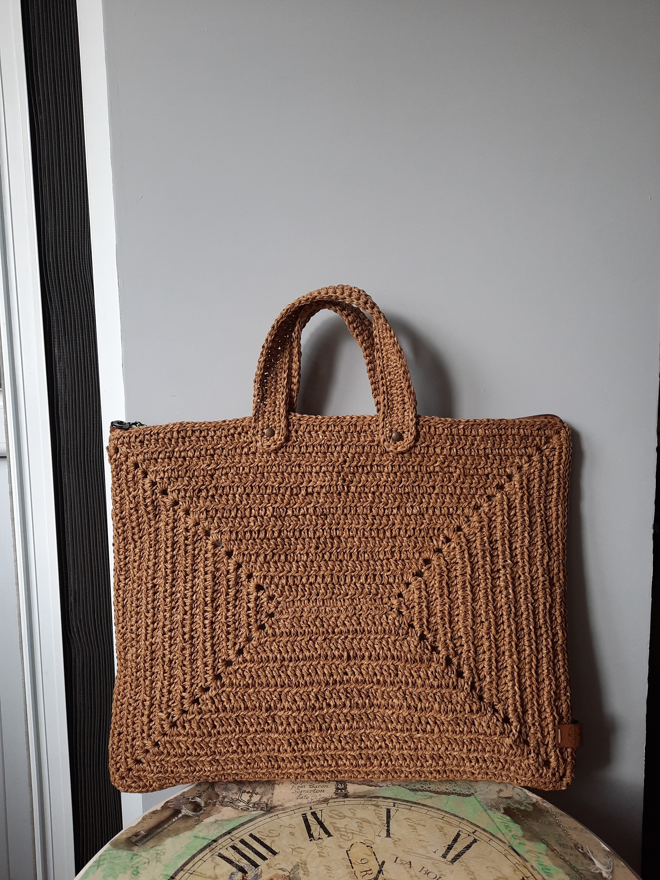 Straw Beige Laptop Bag, Crochet Paper Yarn Tote Bag, Handmade Bohemian ...