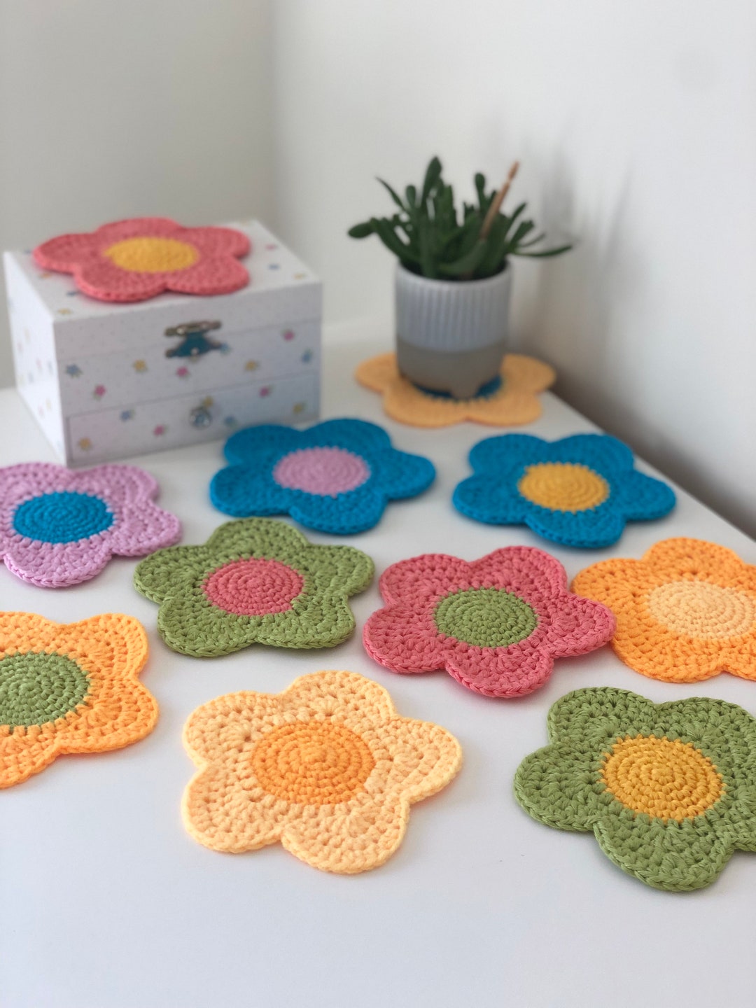 Crocheted Flower Coaster, Handmade Coaster, Daisy Mug Coaster, Bright ...