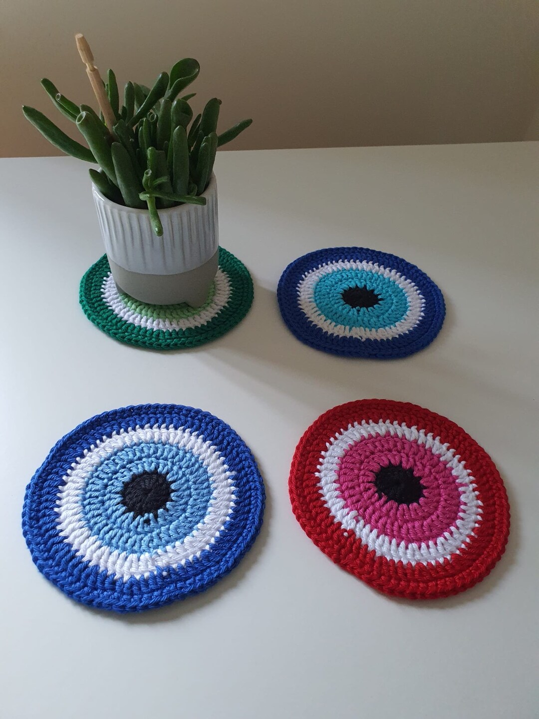 Crocheted Evil Eye Coaster, Handmade Coaster, Evil Eye Mug Coaster ...