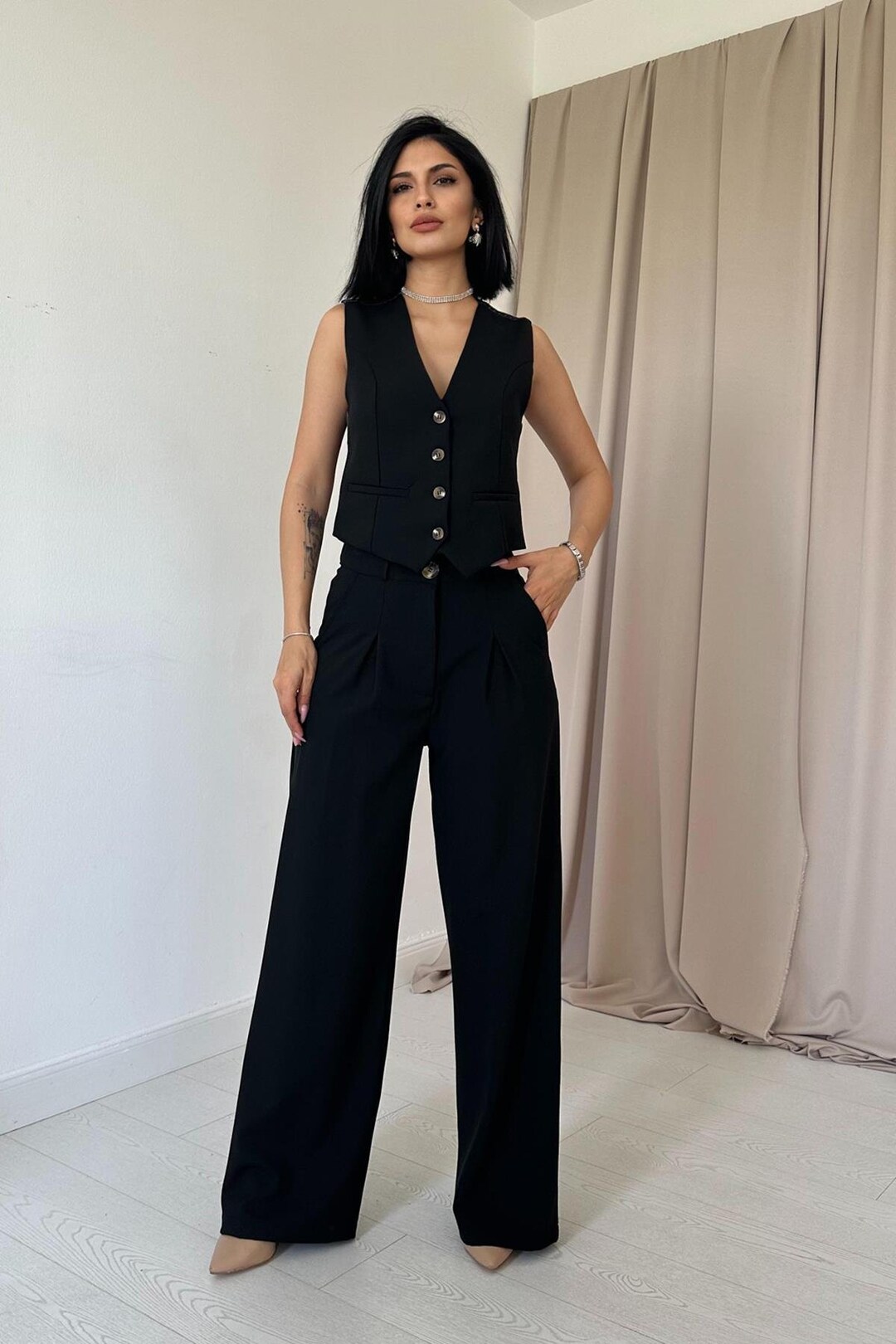 Back Embroidered Vest and Pants Women's Set Black and Gray Colors ...