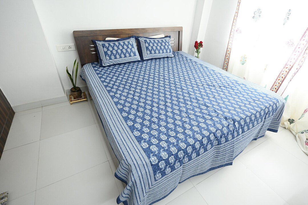 Indigo Block Print Cotton Bedsheet: Jaipur Floral King Size Bedding - Etsy
