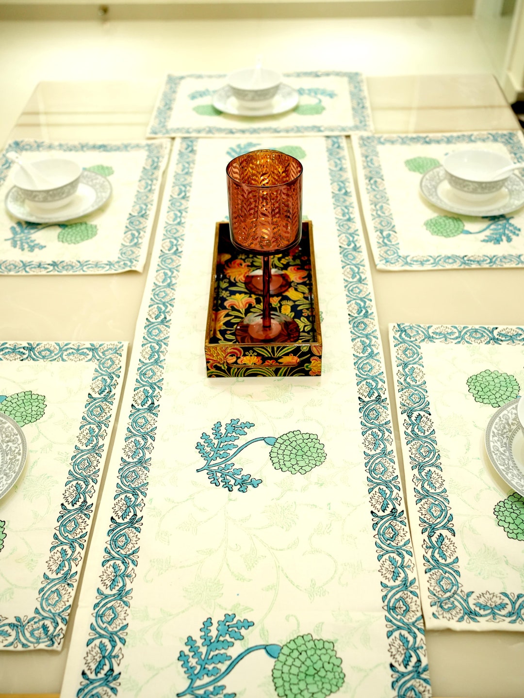 Handmade Blue Block Print Table Runner: Canvas Dining Decor, 7pc Set - Etsy