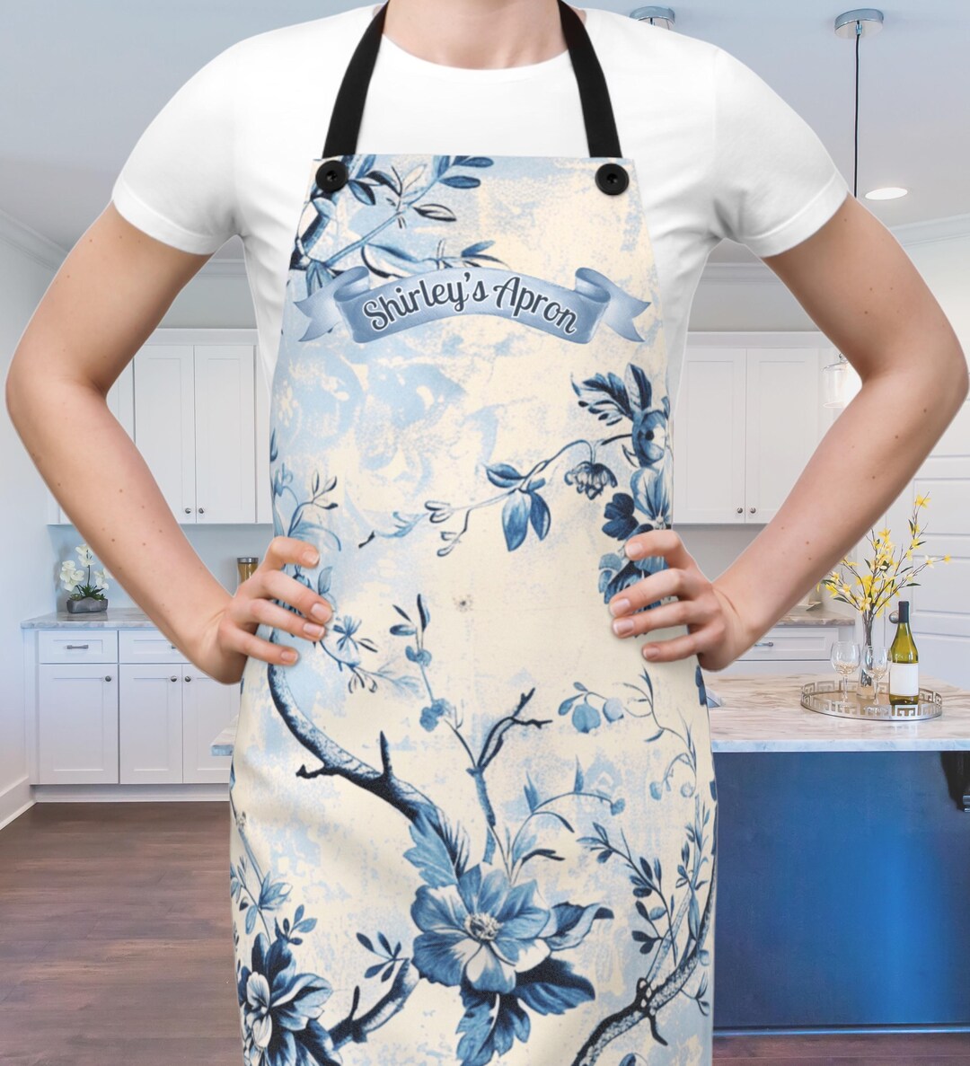 Custom Apron French Toile De Jouy Apron Toile Blue Floral Personalized ...