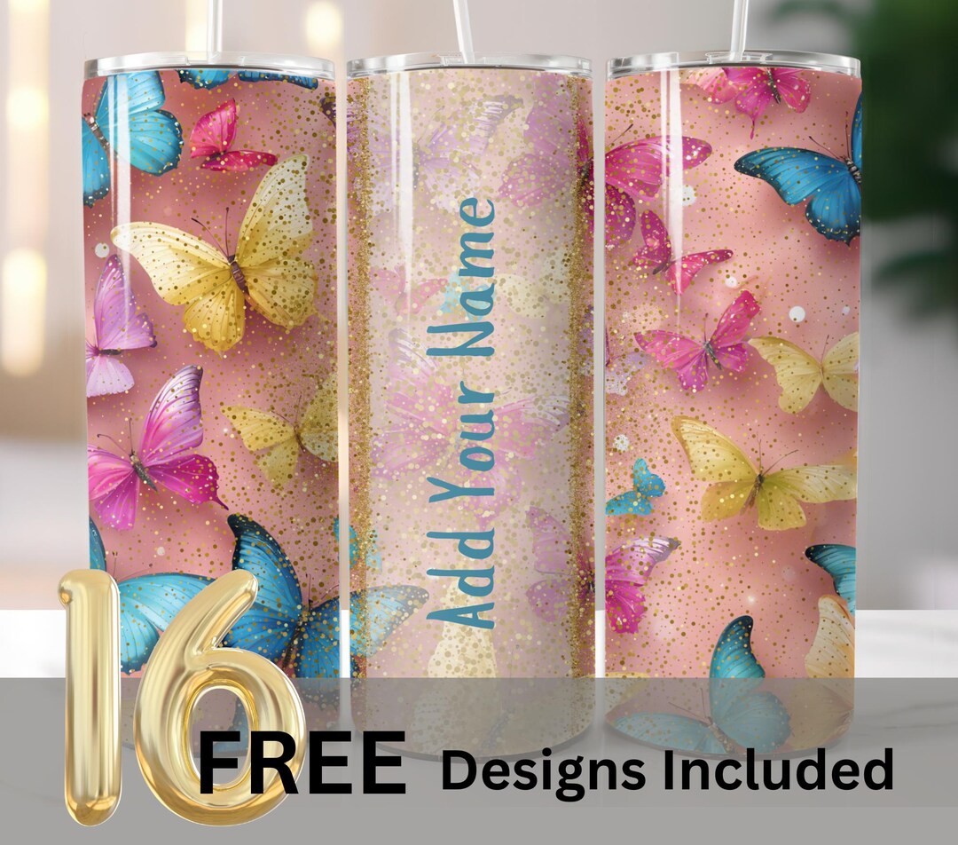 Add Your Name Pink Butterfly Tumbler Wrap PNG Sublimation Design 20 Oz ...