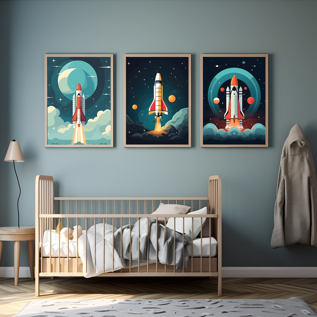 Set of 3 Space-themed Prints for Kids' Rooms, Rocket Ship Illustrations ...