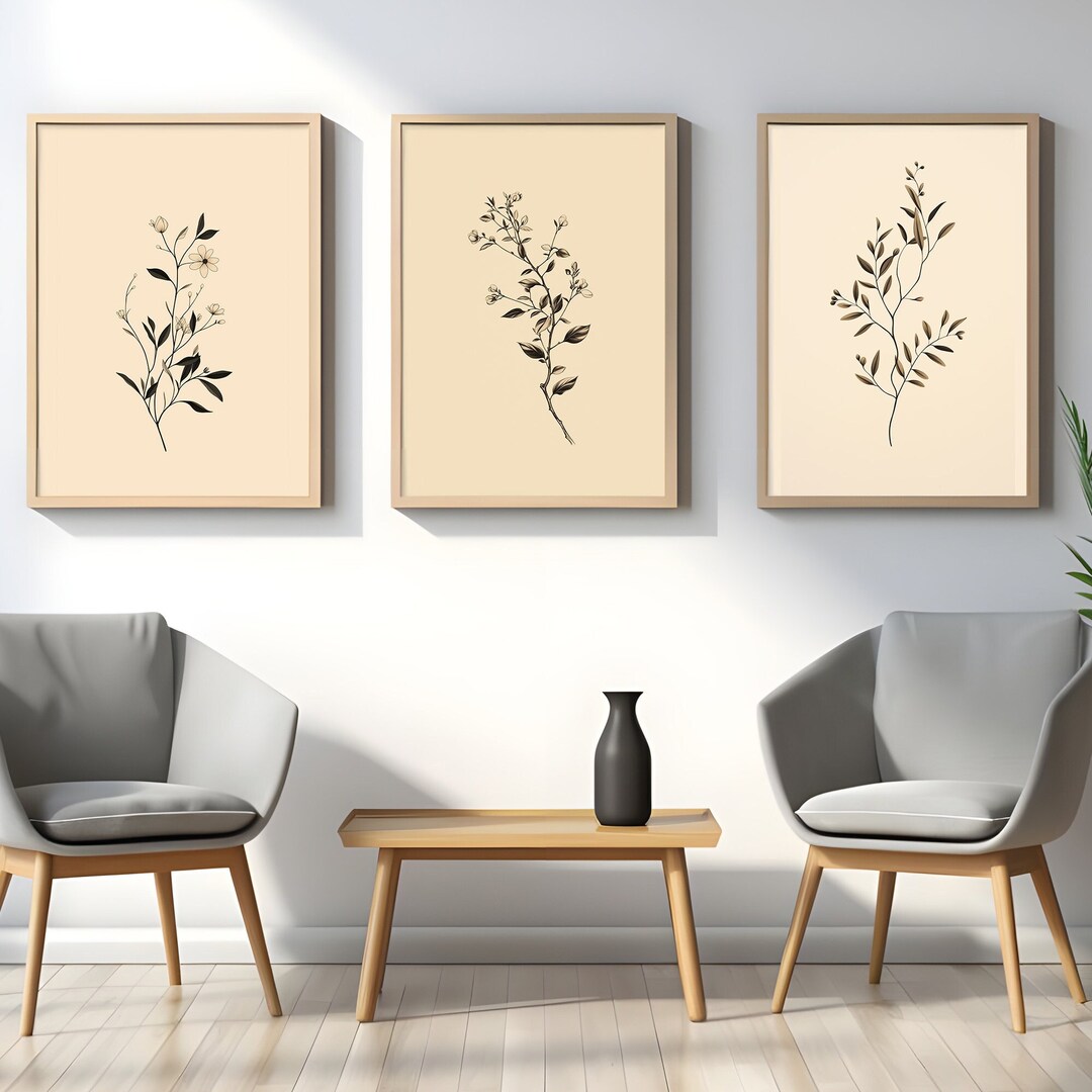 Set of 3 Neutral Wall Prints, Neutral Botanical Wall Prints, Plant Wall ...