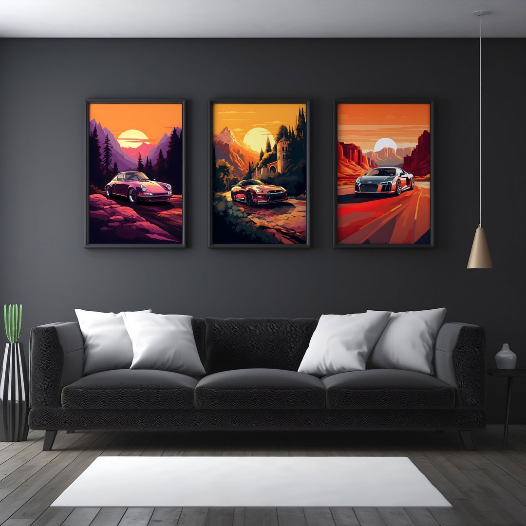 Set of 3 Car Prints, Nissan GTR, Audi R8, Porsche 911, Decor for Car ...