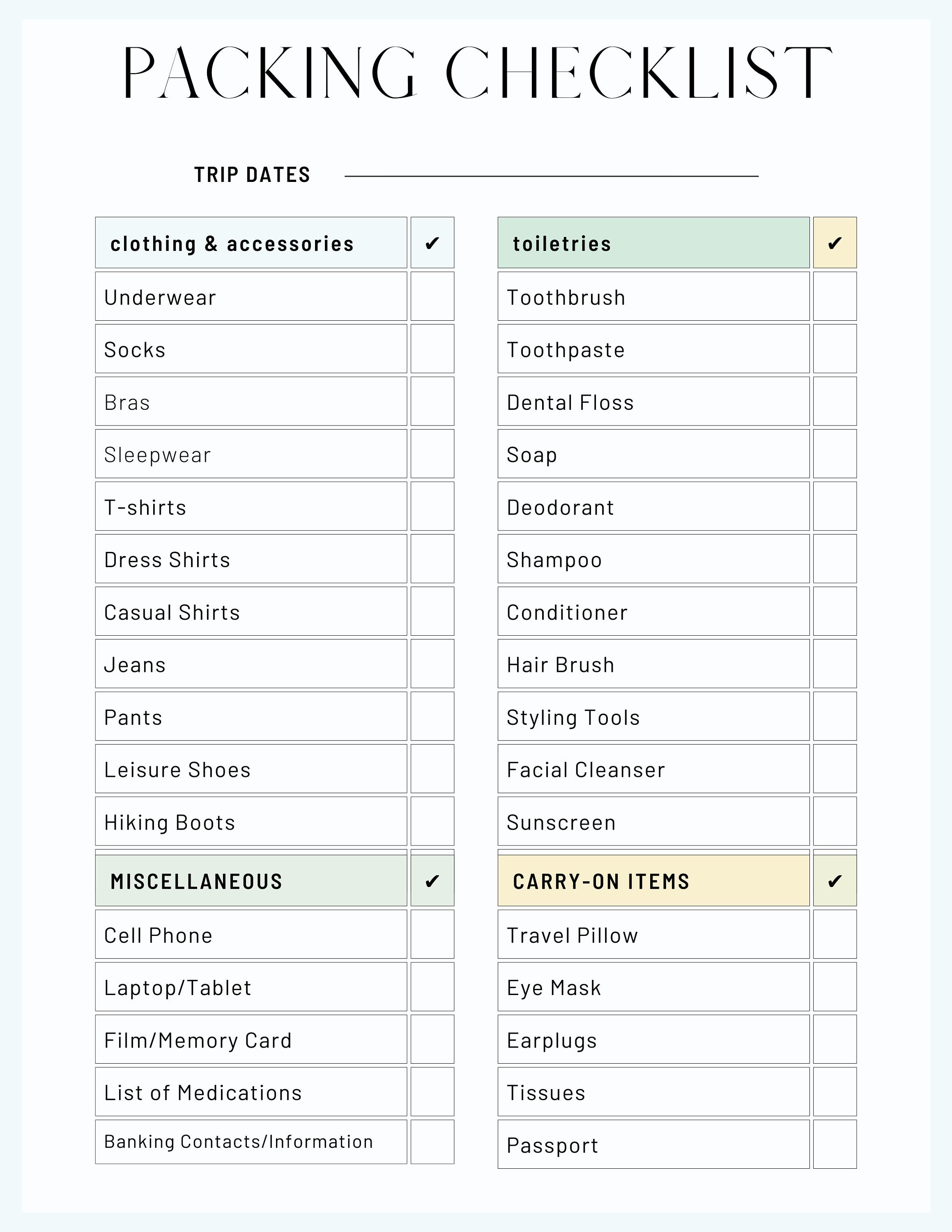 Travel Packing List, EDITABLE Packing Checklist, Holiday, Vacation ...