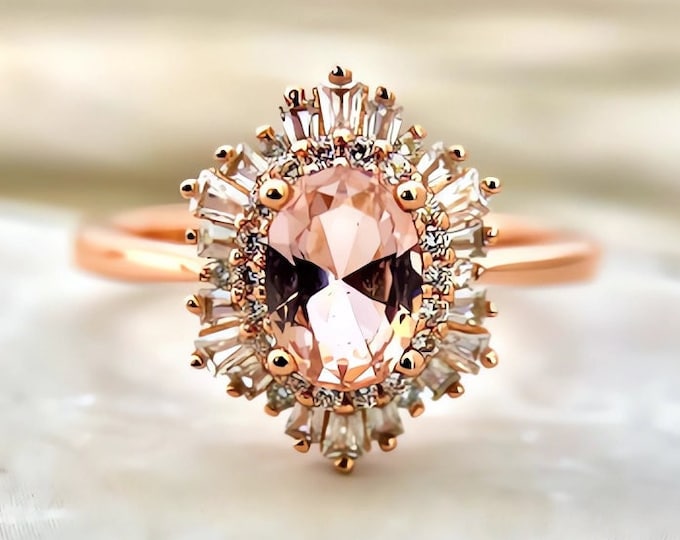 Art Deco Morganite Promise Ring, Peach Vintage Rose Gold Vermeil Ring ...