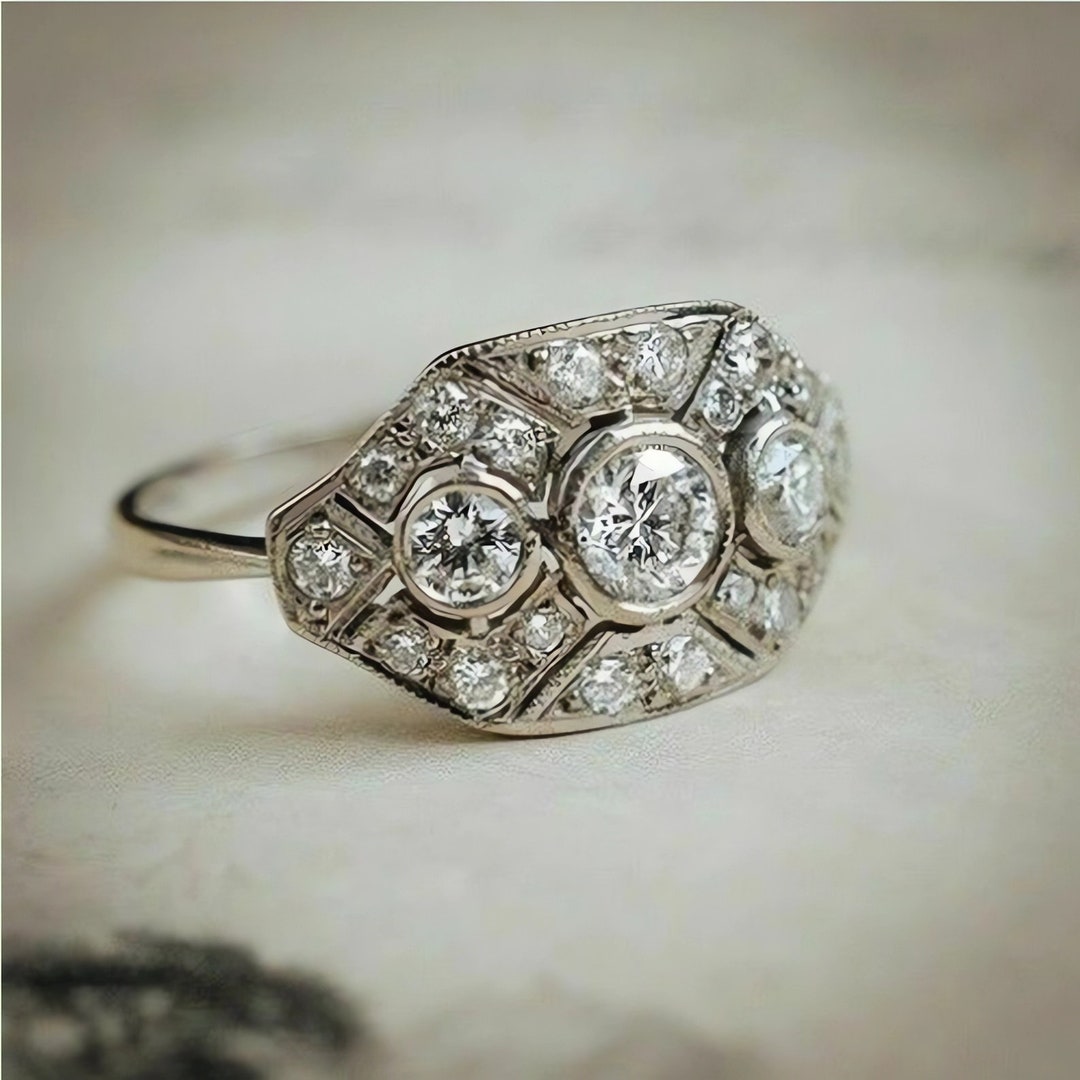 1 CT Round Cut White Diamond Vintage Art Deco Ring Wedding Anniversary ...