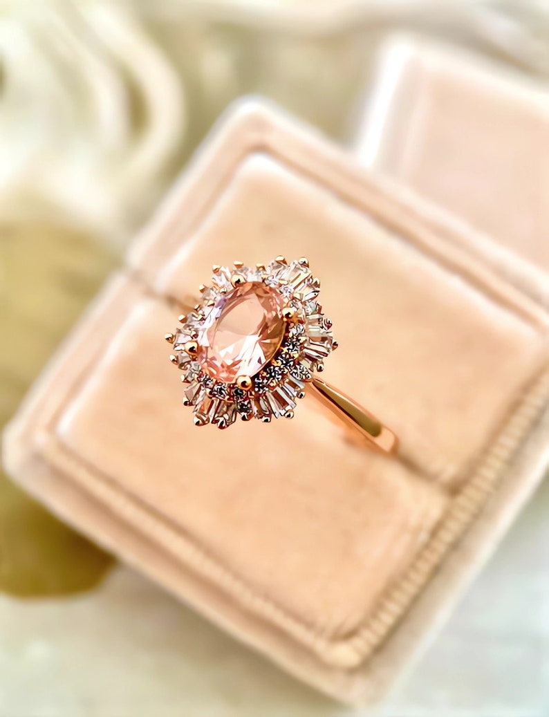 Art Deco Morganite Promise Ring, Peach Vintage Rose Gold Vermeil Ring ...