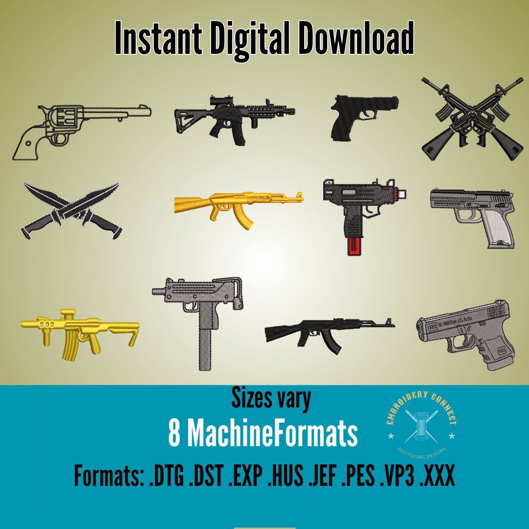 Weapons Embroidery Designs, Pack De Armas Bordados De Maquina, Hand Gun ...