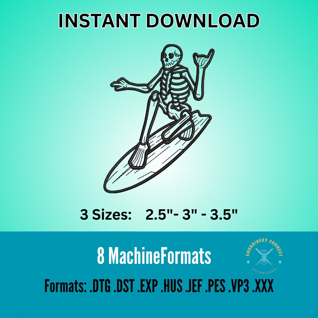 Skeleton Surfer Embroidery Design, Spooky Trendy Designs (digital ...