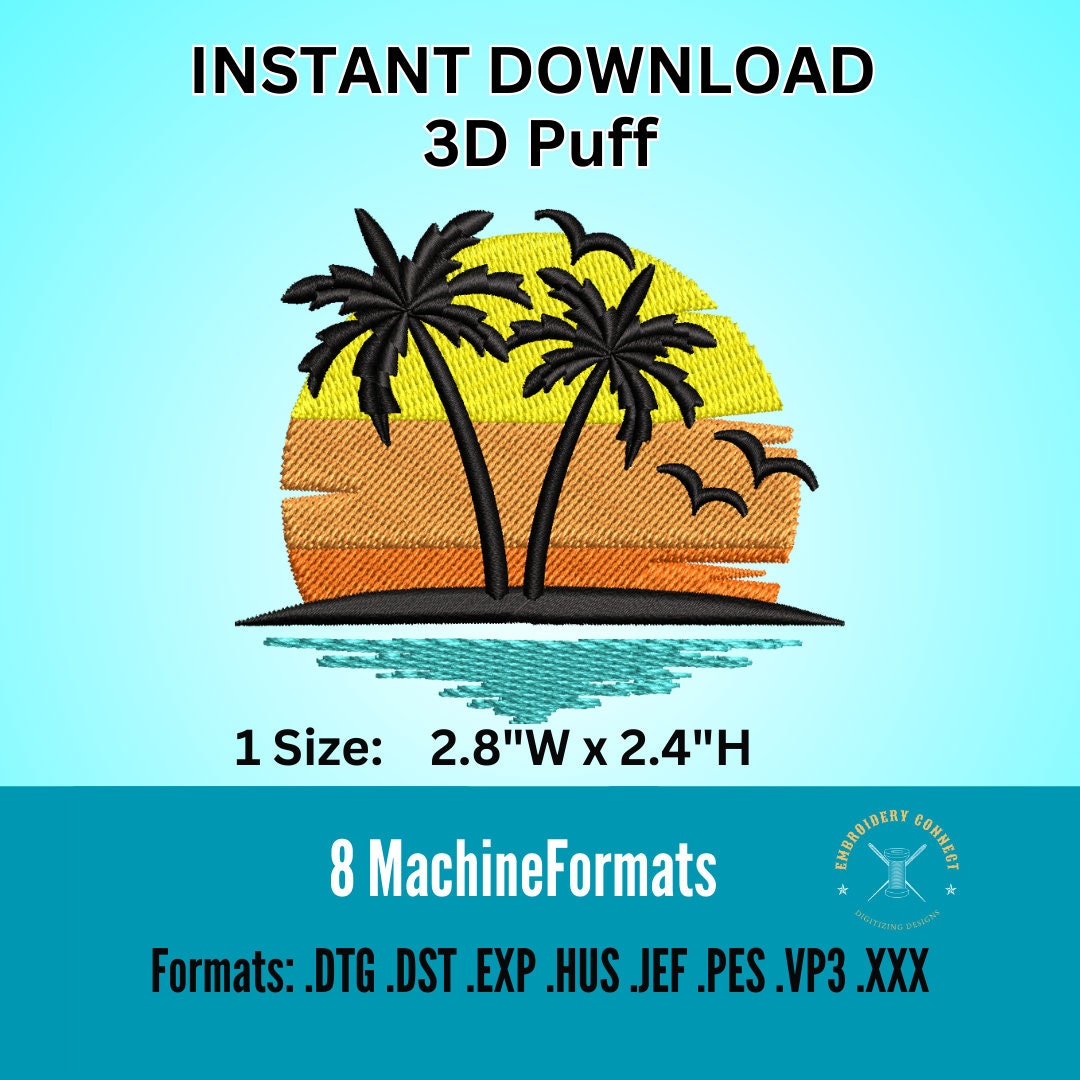 3D Puff Sunset Embroidery Design for Hats, Summer Embroidery Designs ...