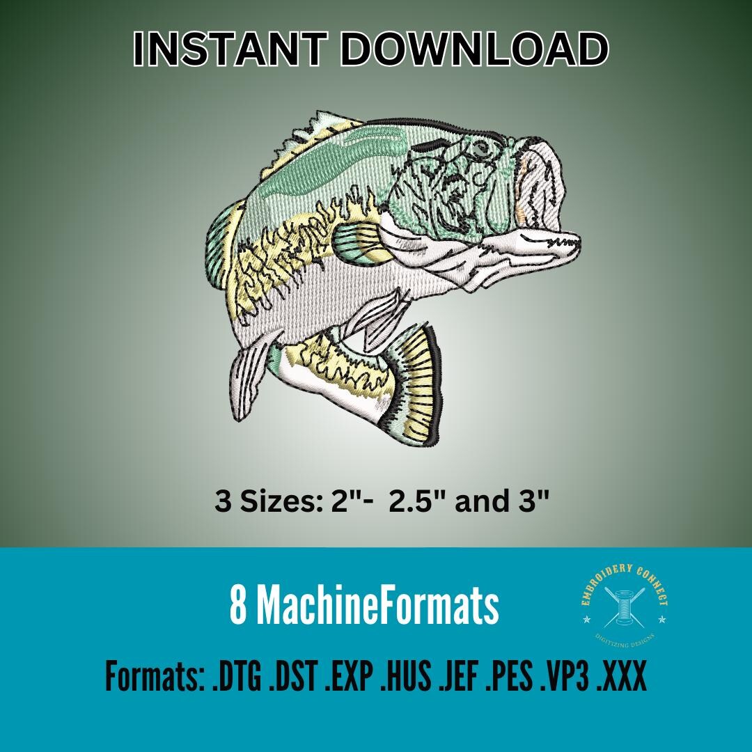 Bass Embroidery Design, Largemouth Bass Embroidery File, Fishing ...