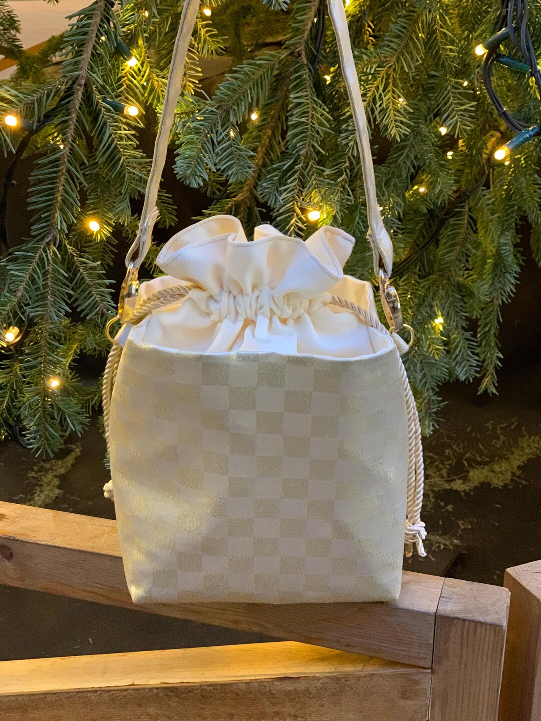 Drawstring Bucket Bag. Shiny Brocade Fabric With a Checkerboard Pattern ...
