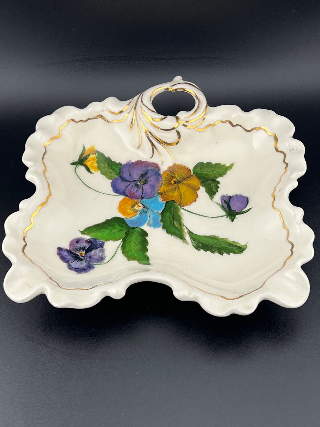 Vintage Porcelain Pansy Bowl With Gold Rim - Etsy