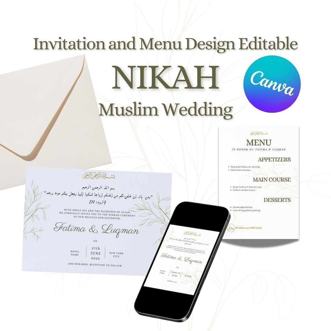 Editable Nikkah Invitation & Menu Canva Template | Islamic Wedding ...