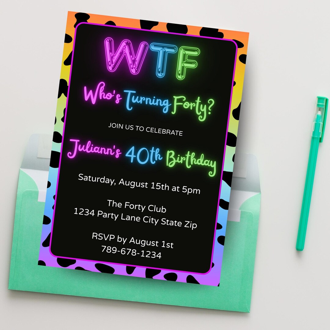 WTF Whos Turning Forty Invite | 40th Birthday Cheetah Invitation ...