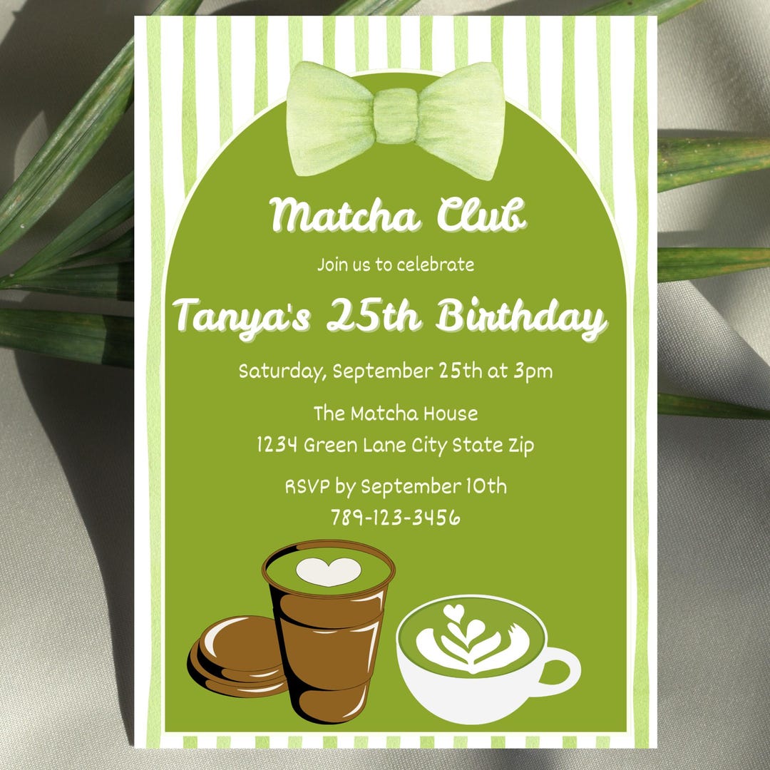 Matcha Birthday Party Invitation: Par-tea Theme, Green Bow (digital ...