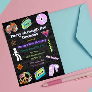 Decades Party Invitation | Retro Throwback Birthday Invite | Through ...