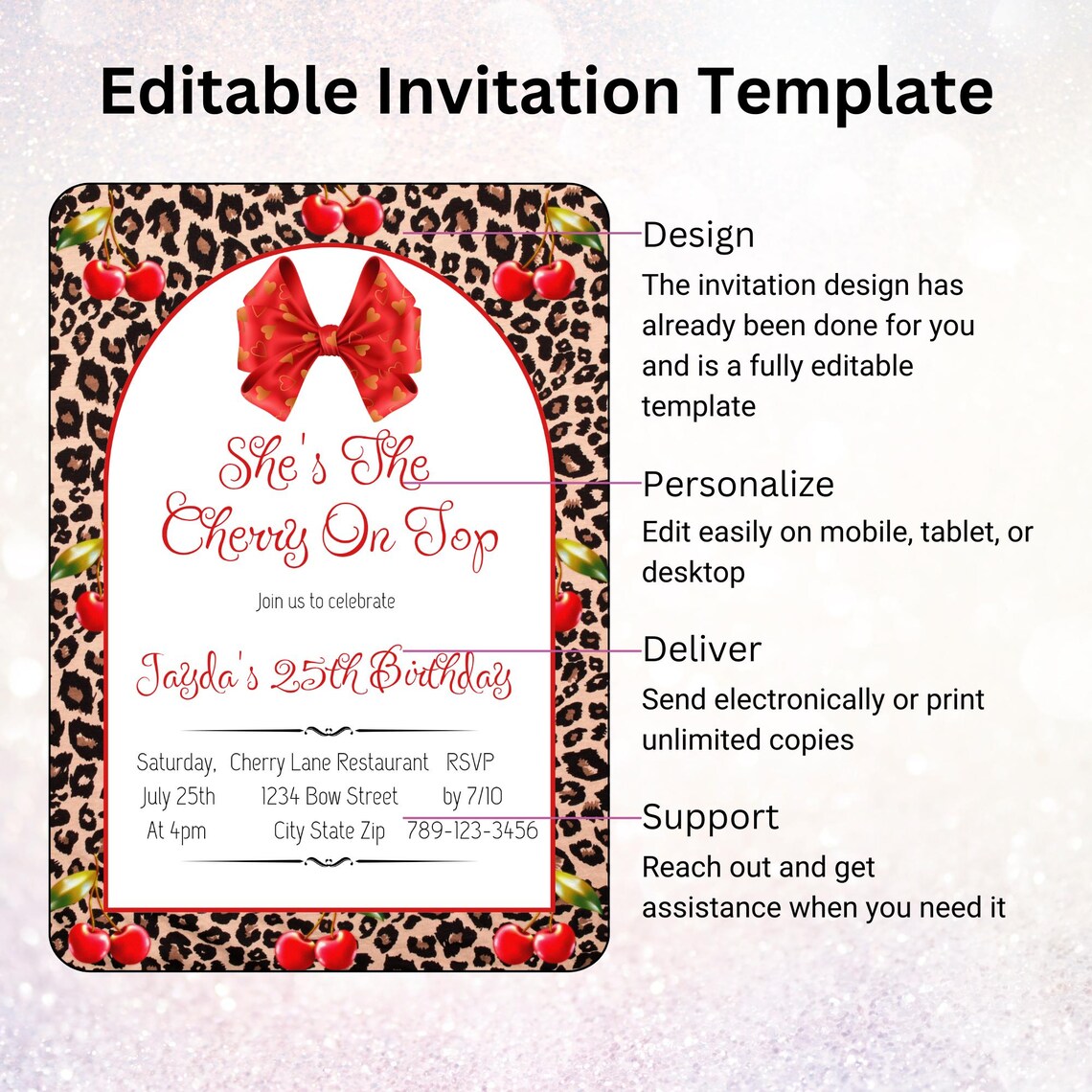 Cheetah Cherry Birthday Invitation | Shes the Cherry on Top Invite ...