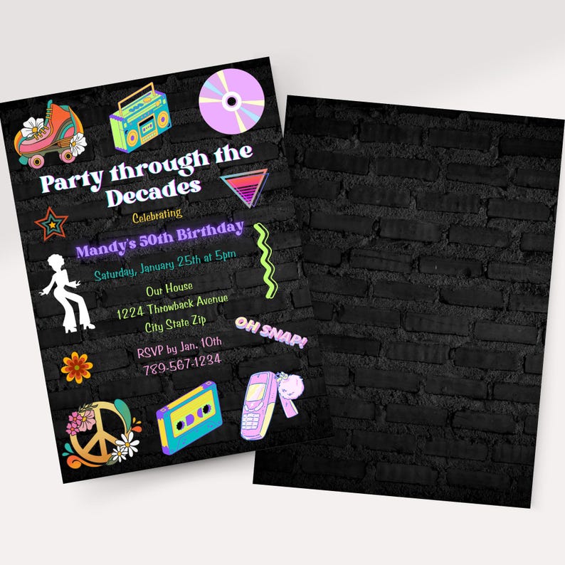 Decades Party Invitation | Retro Throwback Birthday Invite | Through ...