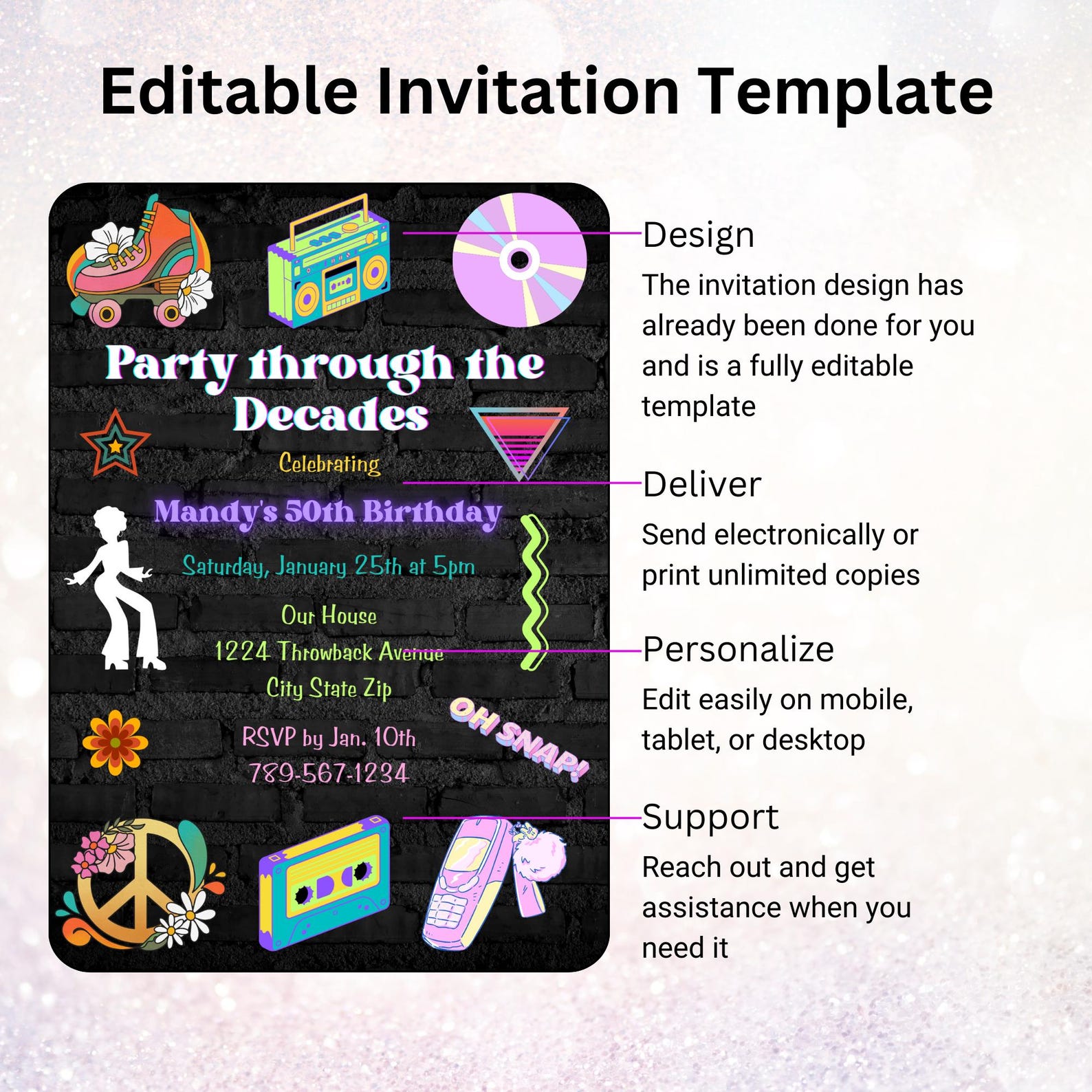 Decades Party Invitation | Retro Throwback Birthday Invite | Through ...