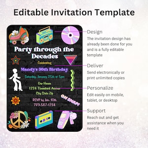 Decades Party Invitation | Retro Throwback Birthday Invite | Through ...