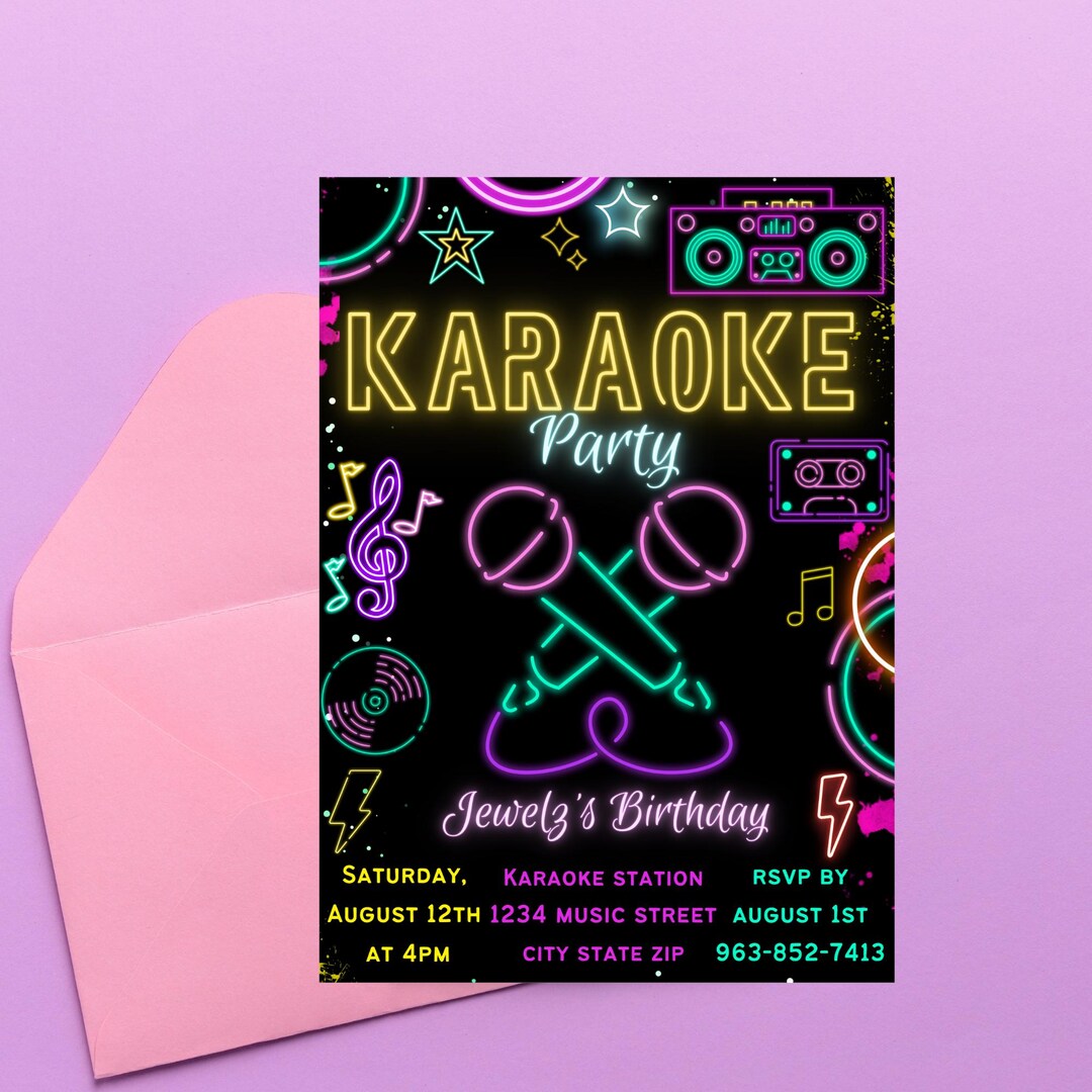 Karaoke Party Invitation | Music Theme Birthday Invite | Microphone ...
