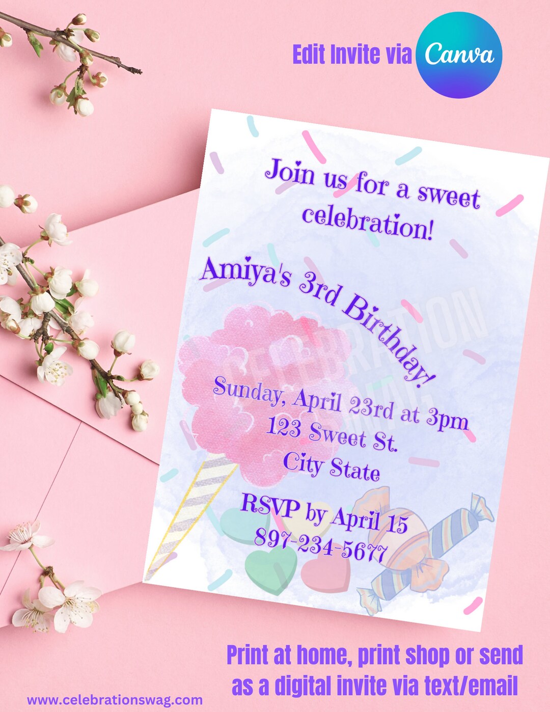 Candy Themed Birthday Party Invitation in Pastel Colors Two Sweet ...