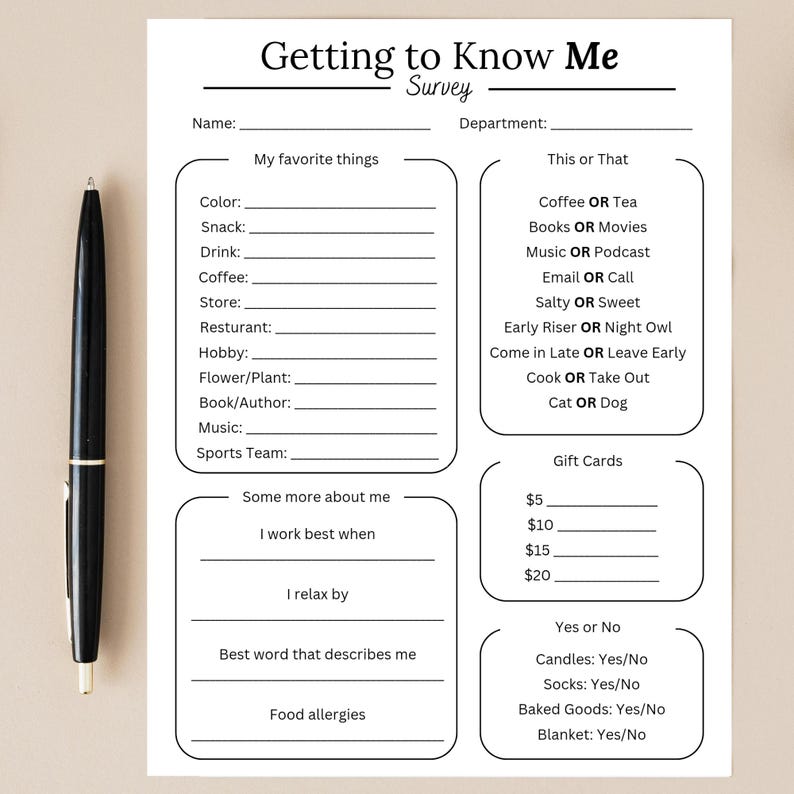Getting to Know Me Survey Questionnaire, Team Building Activity ...