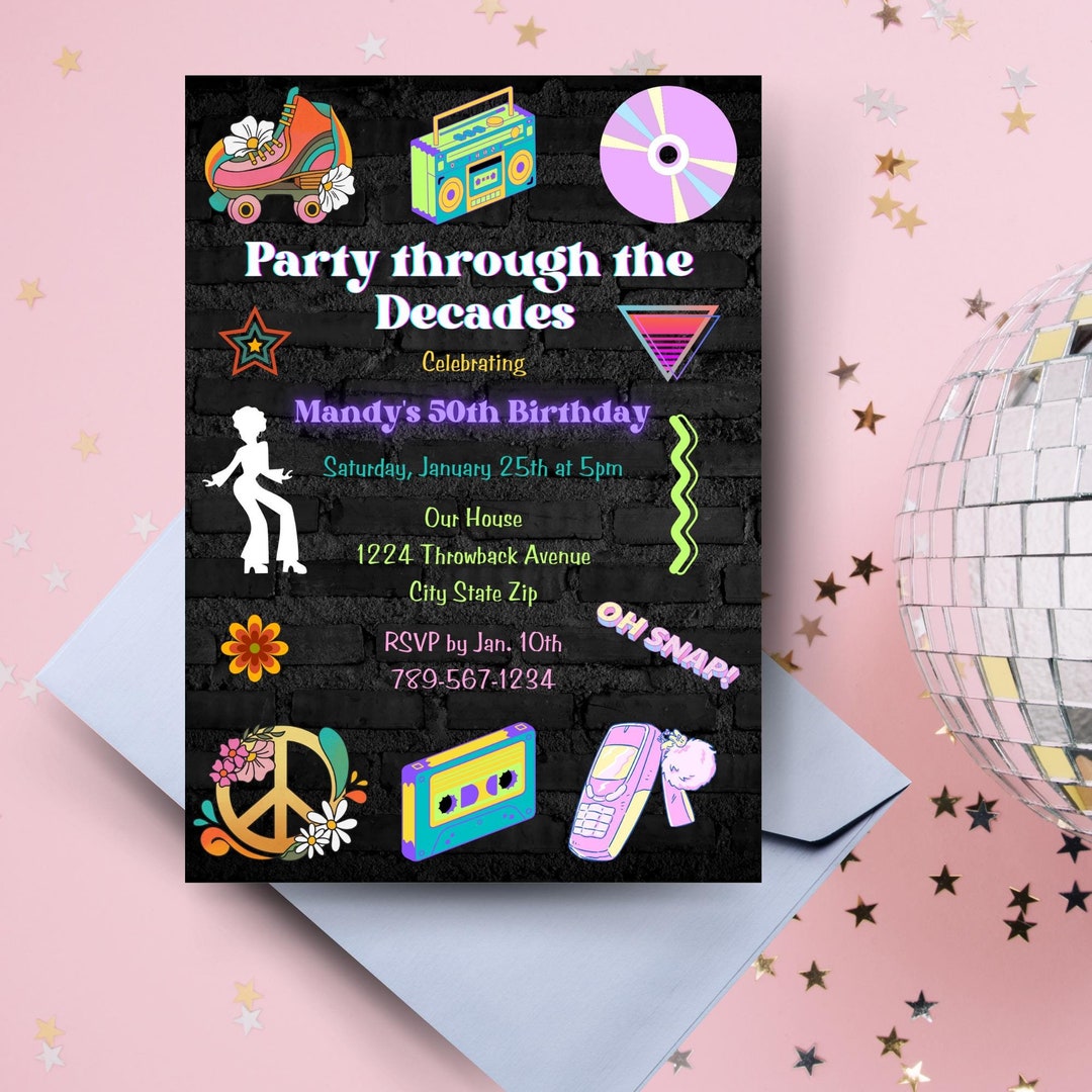Decades Party Invitation | Retro Throwback Birthday Invite | Through ...