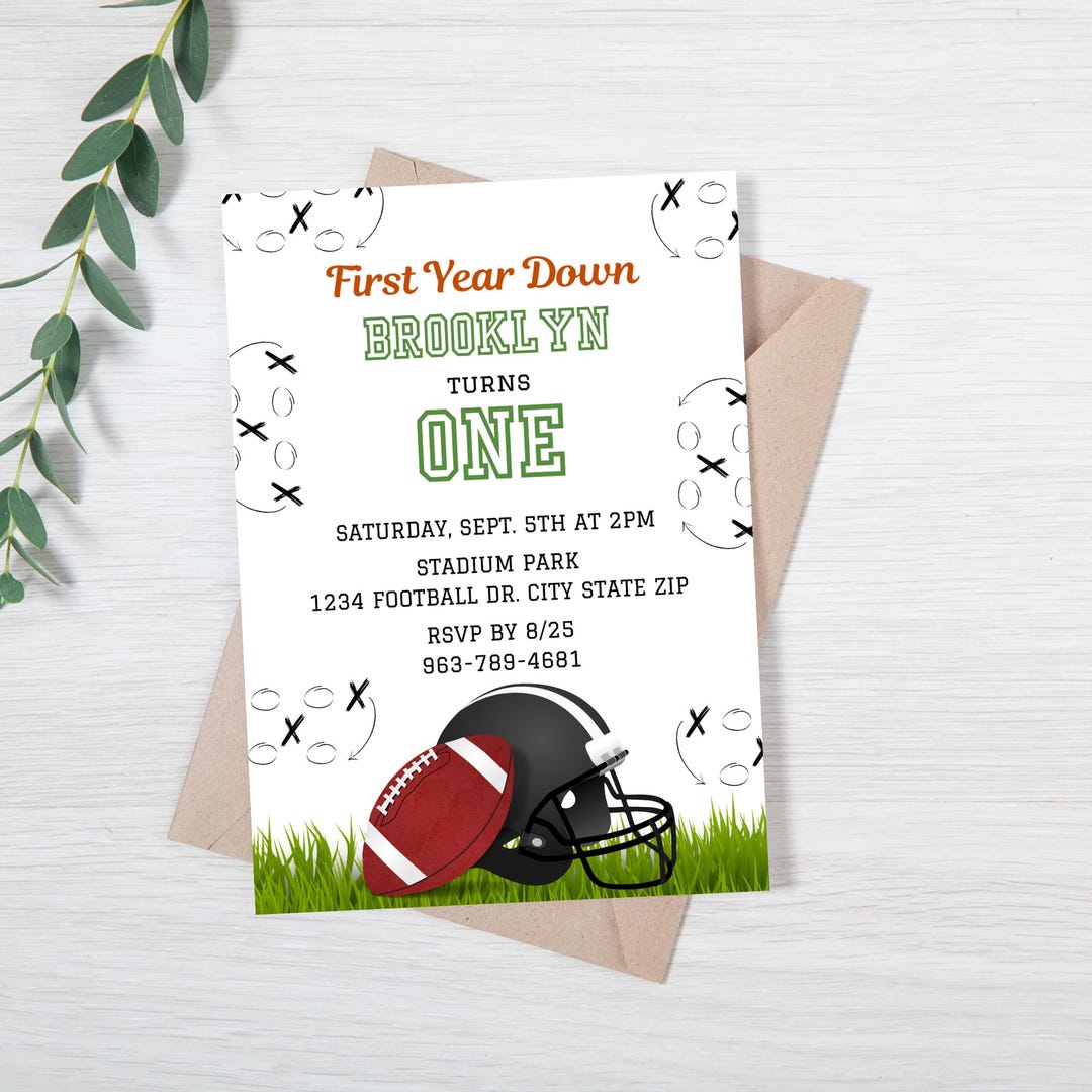 First Year Down Invitation Template | Football 1st Birthday Invite ...